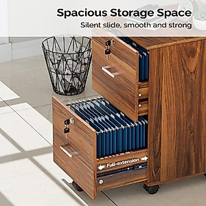 VINGLI 2-Drawer Rolling File Cabinet with Lock, Wood Mobile Filing Cabinet for Hanging Letter Size Filings Under Desk File Cabinet for Home Office, Assembly Required, Classic Walnut, 26.5" H
