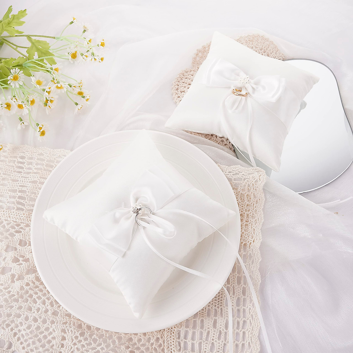 QIRMIZI Ring Pillow,Pearls Ring Cushion, Ring Bearer, Ring Holder for Beach Wedding, Wedding Ceremony, Proposal