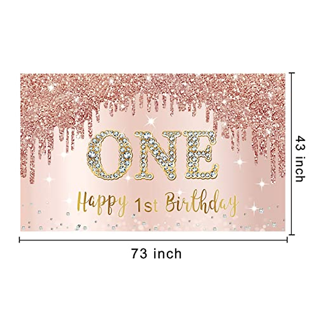 Happy 1st Birthday Banner Backdrop Decorations for Girls, Rose Gold 1 Year Old Birthday Party Sign Supplies, Pink One Birthday Poster Background Photo Booth Props Decor