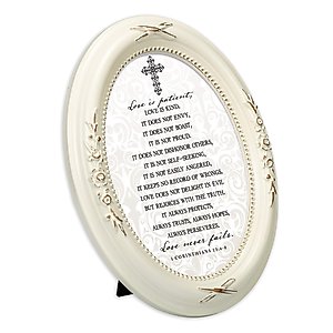 Cottage Garden Love Never Fails Inspirational Distressed Ivory Floral 5 x 7 Oval Table Top and Wall Photo Frame