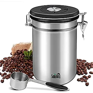 Samyoung Coffee Canister Airtight, Stainless Steel Container for 635g/22.8oz Coffee Beans,Large 1800 ml Tea & Coffee Storage Jars with co2 Valve, 30ml Measure Spoon and 70 ml Mini Travel Jar