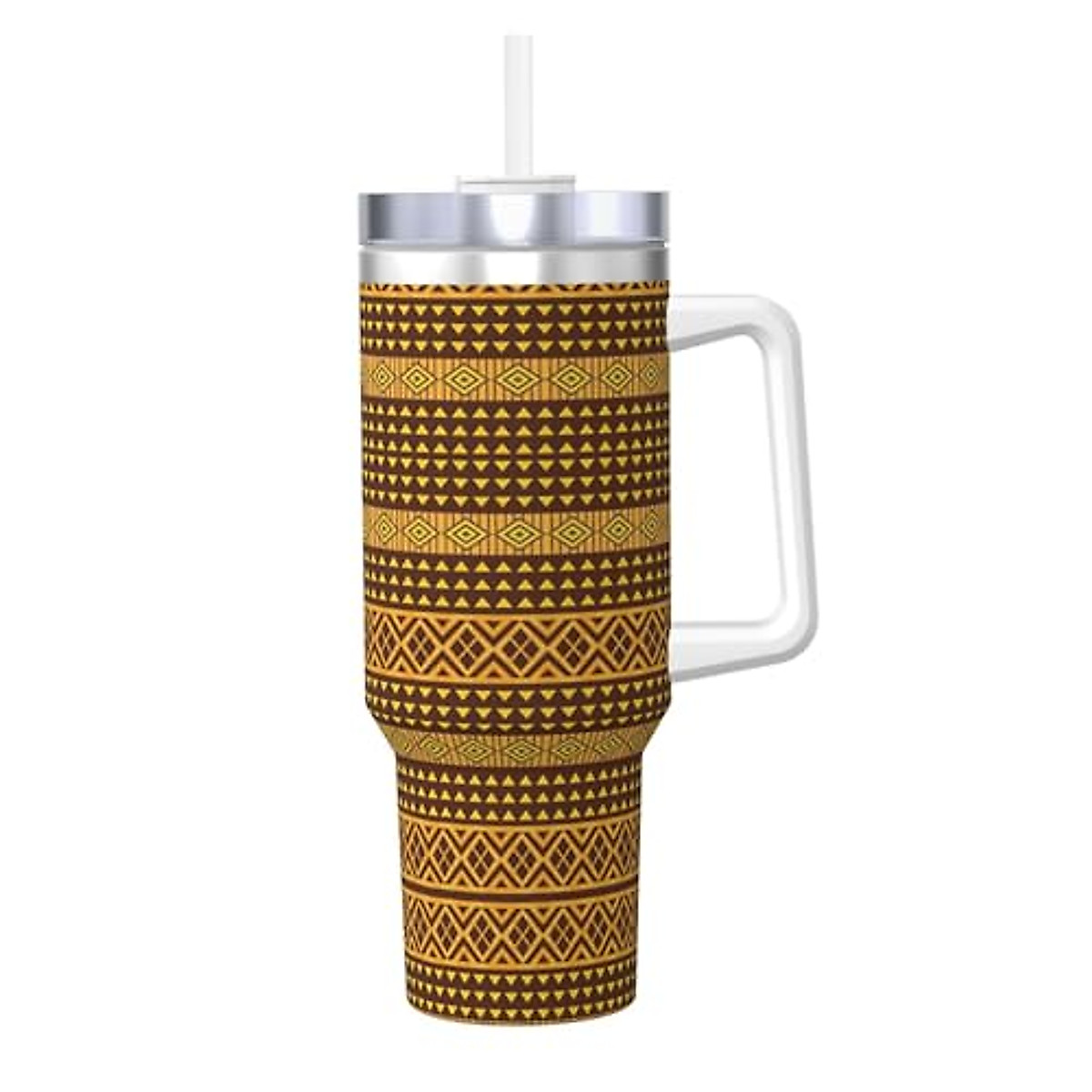HULIBIN Yellow and Brown Triangles Print Double Deck Stainless Steel Travel Coffee Cup With Lid 40 Oz Ice Bully Cup