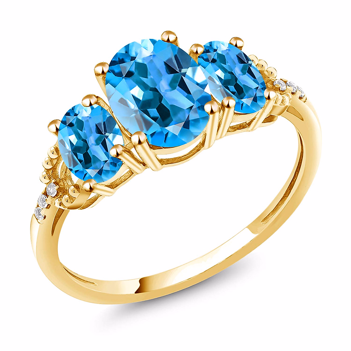 Gem Stone King 10K Yellow Gold Oval Swiss Blue Topaz 3 Stone Ring For Women (2.64 Cttw, Gemstone Birthstone) (Size 8)