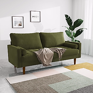 Meeyar 70 Inch Velvet Sofa, Comfy 3 Seater Loveseat Sofa Couch with Tufted Seat, Mid-Century Modern Upholstered with Two Throw Pillows, Couches for Living Room, Bedroom, Apartment, Olive Green