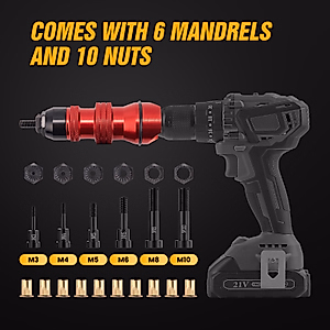 TaskStar Rivet Nut Drill Adapter Kit, Cordless Rivet Nut Tool Adapter Use with Electric Drills and Screwdriver, Rivet Gun Adapter for Drill Rivet Nut Drill Attachment with 6 Mandrels and 10 Nuts