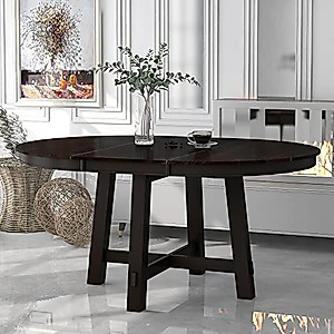 Lasadelgar Farmhouse Extendable Dining Table for 4, Leaf Wood 42" Round to 58" Oval Adjustable Expandable Rustic Kitchen Table, Espresso