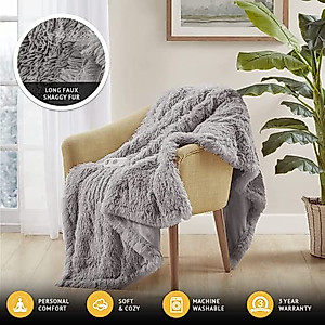 Serta Mila Shaggy Throw - Ultra Soft Long Faux Fur Electric Blanket, Fast Heating, Safety Auto Shut Off Timer, Low EMF, Multi Heat Setting, ETL Certified, Machine Washable, Ash Grey 50"x60"