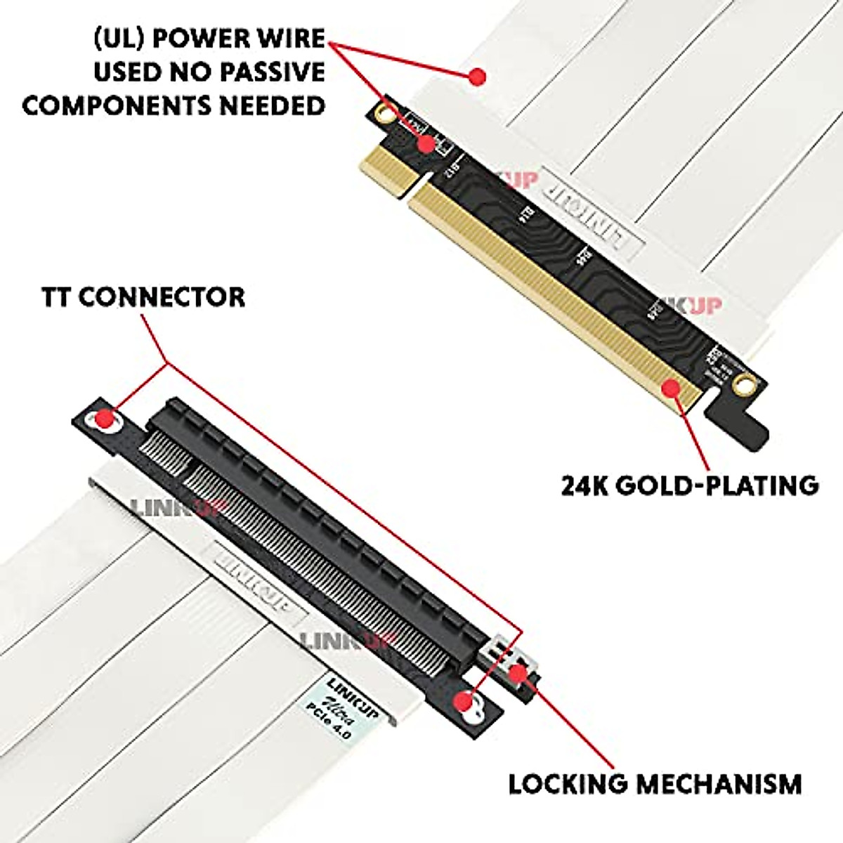 LINKUP - Ultra PCIe 4.0 X16 Riser Cable [RTX4090 RX6950XT x570 B550 Z690 Tested] Shielded High-Speed Vertical Mount Gaming PCI Express Gen4┃Straight Socket (25cm / 9.8") Gen 3.0 TT Compatible┃White