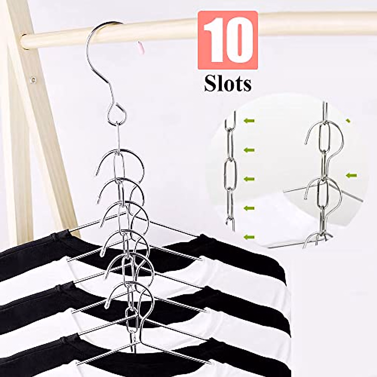1 Pack Clothes Hangers Chain, 10 Slots Closet Organizer Clothes Hangers Storage, Magic Hanger Chains with Stainless Steel & Collapsible, Space Saving Hanging Chains