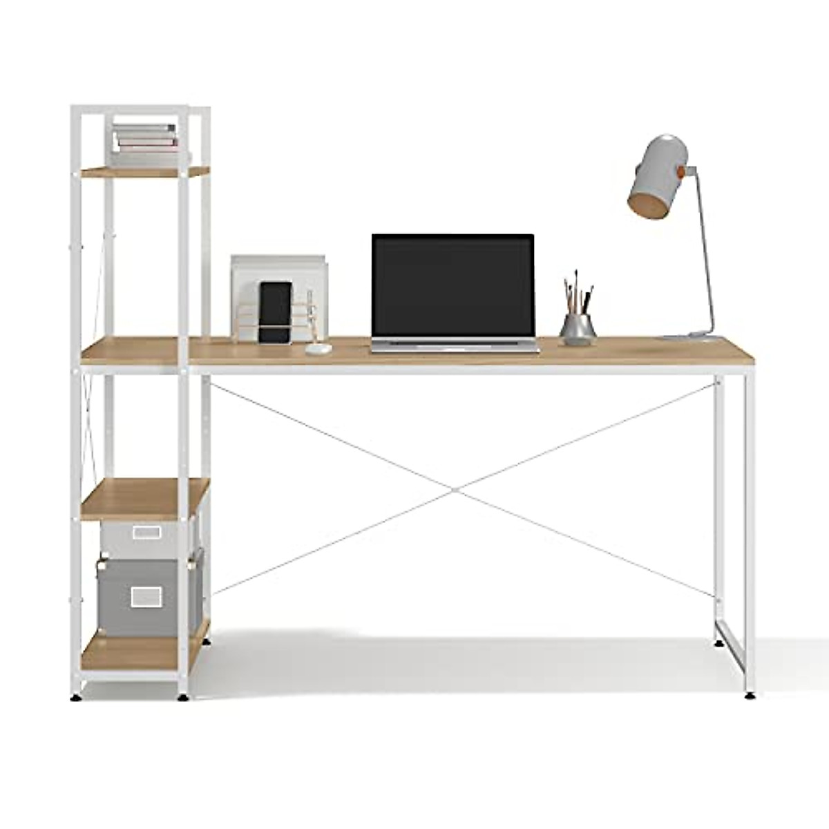 Ames 55" Reversible Gaming Computer Desk with Adjustable Shelves, Home Office Desk, Grommet Cable-Management, Leveler Feet, Easy Assembly, White/White Oak