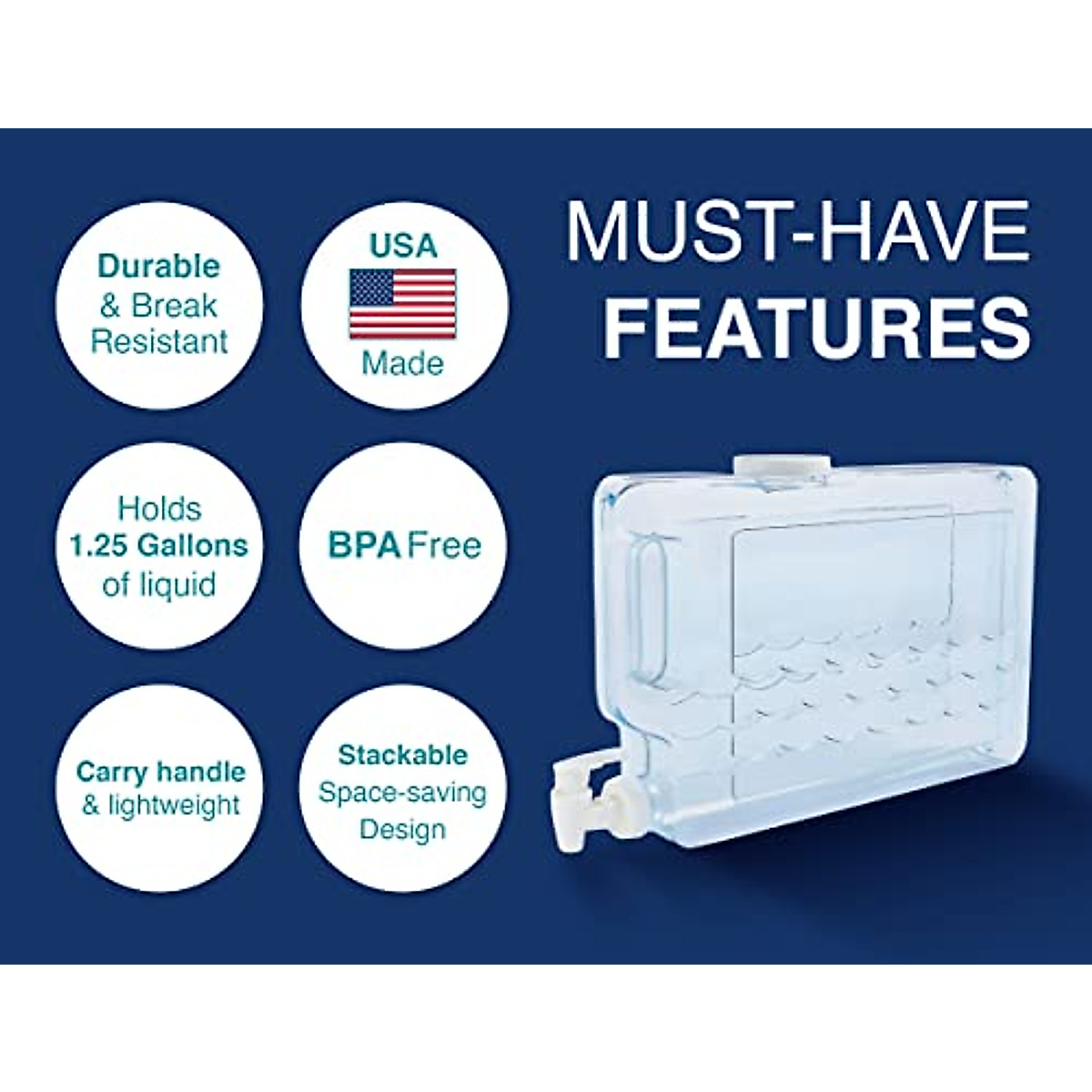 Arrow Slimline Drink Dispenser for Fridge, 1.25 Gallons - Plastic Beverage Dispenser with Spigot for Easy Dispensing - USA Made, BPA Free Plastic - Convenient Handle, Easy-Pour Spout