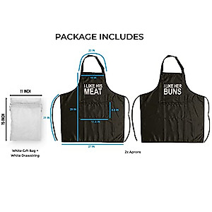 Funny Couple Aprons (2 Pack) & Gift Bag - I Like her Buns, I Like His Meat, Kitchen Couple Apron for Girlfriend, Boyfriend, Best Friend - Birthday, Engagement, Anniversary, Wedding Gift Idea - Forkit