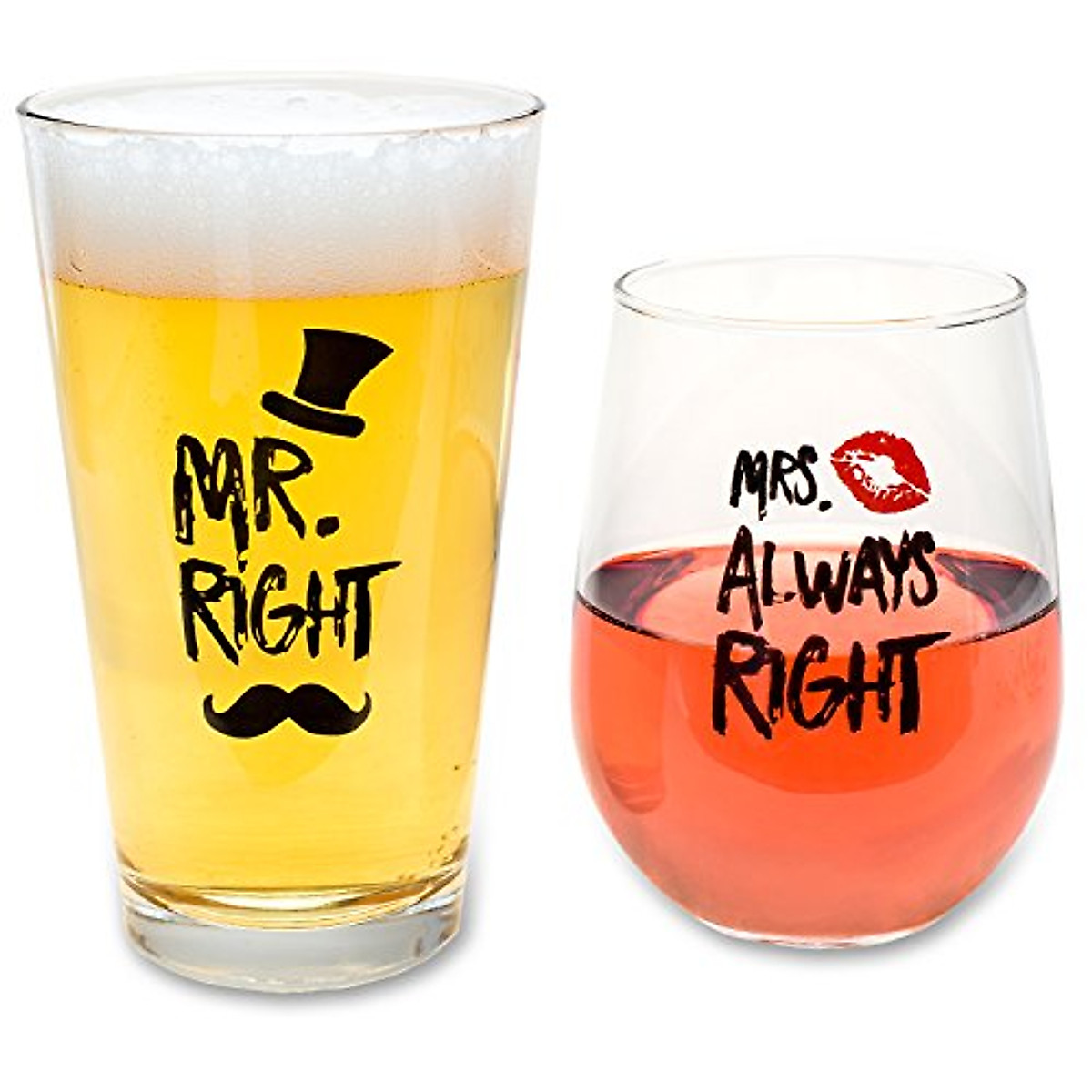 Funny Mr. Right and Mrs. Always Right Novelty Wine Glass and Beer Glass | Includes Fun, Stylish Gift Box | For Weddings, Engagement, Newlywed, Bachelorette, Anniversary, Couples Gifts
