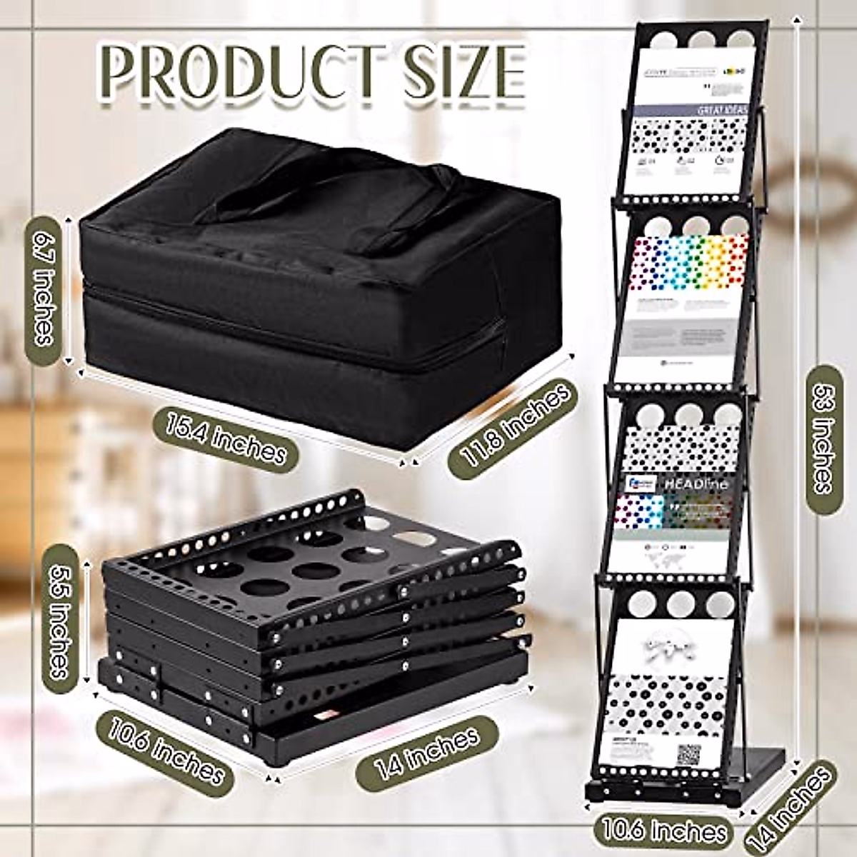 1 Piece Foldable Magazine Rack Metal Catalog Literature Rack Portable 4 Pockets with Carrying Bag Brochure Stand Literature Rack Display Holder Stand for Exhibition Trade Show