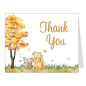Winnie the Pooh Baby Shower Thank You Cards Pooh Bear Cute Cartoon Storybook Autumn Fall Leaves Pumpkin Piglet Nostalgic Unisex Gender Neutral Printed Cards (24 Count)