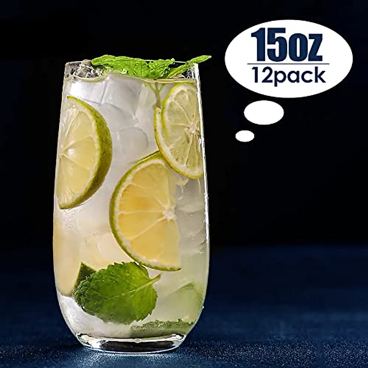 Claplante 12 Pcs Crystal Highball Glasses, 15 oz Drinking Glasses, Tall Glass Sets, Water Glasses, Mojito Glass Cups, Bar Glassware, and Mixed Drink Cocktail Glass Set, Collins Glass Tumblers