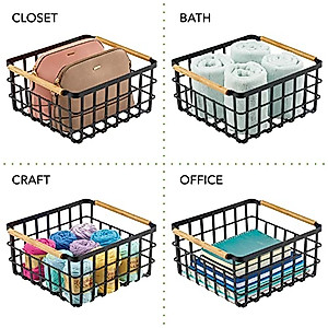 mDesign Metal Wire Storage Organizer Basket with Bamboo Wood Handles for Kitchen Pantry, Rustic Farmhouse Bin to Store Fruit, Coffee, Spices, Supplies, Yami Collection, 8 Pack, Matte Black/Natural/Tan