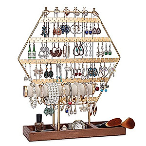 QILICHZ Earring Holder Stand Earring Organizer 6-Tier Earring Stand Hexagonal Jewelry Stand Jewelry Holder Jewelry Organizer with Wooden Tray for Jewelry Storage and Showcase (Gold 6-Tier)