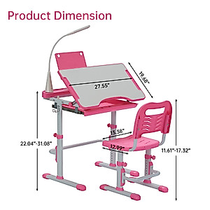 Real Relax Kids Desk and Chair Set, Height Adjustable Children's School Study Writing Tables with Tilt Desktop, LED Light, Storage Drawer, Metal Hook, Book Stand, Pink