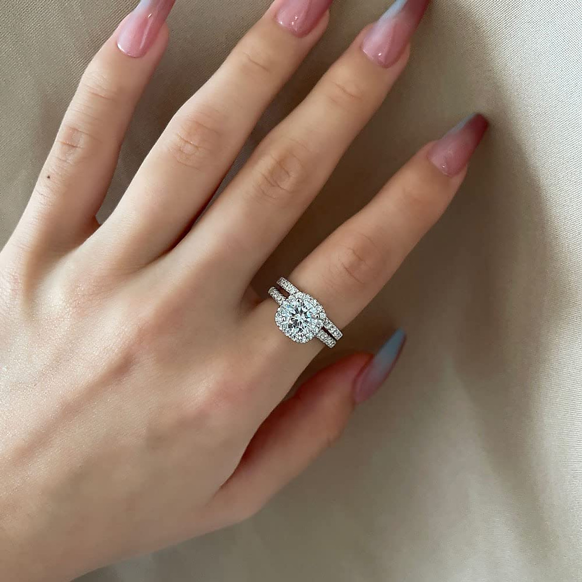 Bridal Sets for Women with 1-1/2 Carat (ctw) Moissanite Engagement Ring Set Wedding Ring Set 10K 14K 18K Gold with Text Engraving (14K Gold)