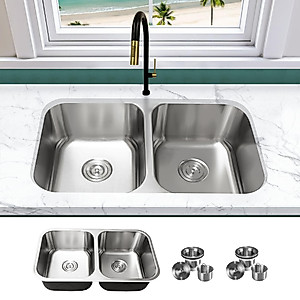 KABCO 32 Inch Stainless Steel Double Equal Bowl Classic Kitchen Sink, Extra Thick 16 Gauge Undermount Rust, Sound and Heatproof Sink with Sink Strainer and Removable Garbage Basket
