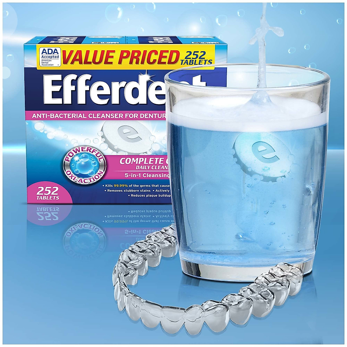 Efferdent Denture Cleanser Tablets, Complete Clean, Tablets, Multicolor, 252 Count
