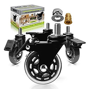 Slipstick CB693 Premium 3 Inch Rubber Caster Wheels with Brake (4 Pack) Replacement Rollerblade Style Swivel Casters with 3/8”– 16x1” Threaded Stem, Includes Mounting Hardware, Black/Clear Castor