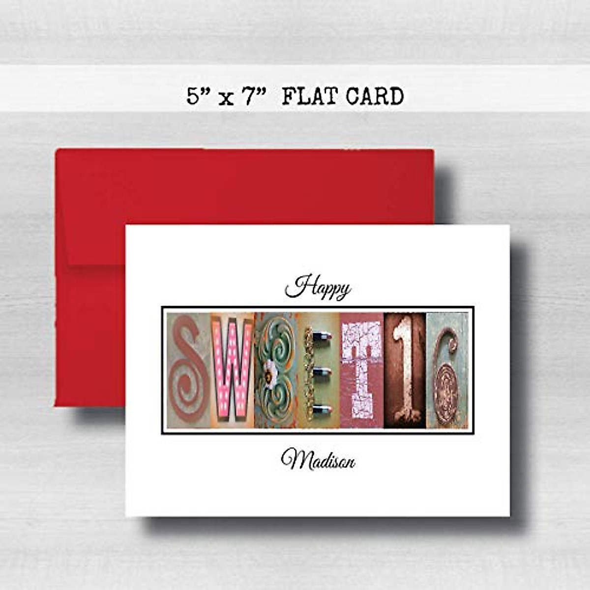 Personalized Sweet 16 Birthday Card, 5" x 7" FLAT CARD, Rose Gold Greeting Cards,
