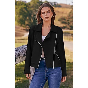 PRETTYGARDEN Women's Winter Faux Suede Moto Jacket Long Sleeve Zipper Pockets Short Coat Y2K Fashion Casual Outerwear (Black,Medium)