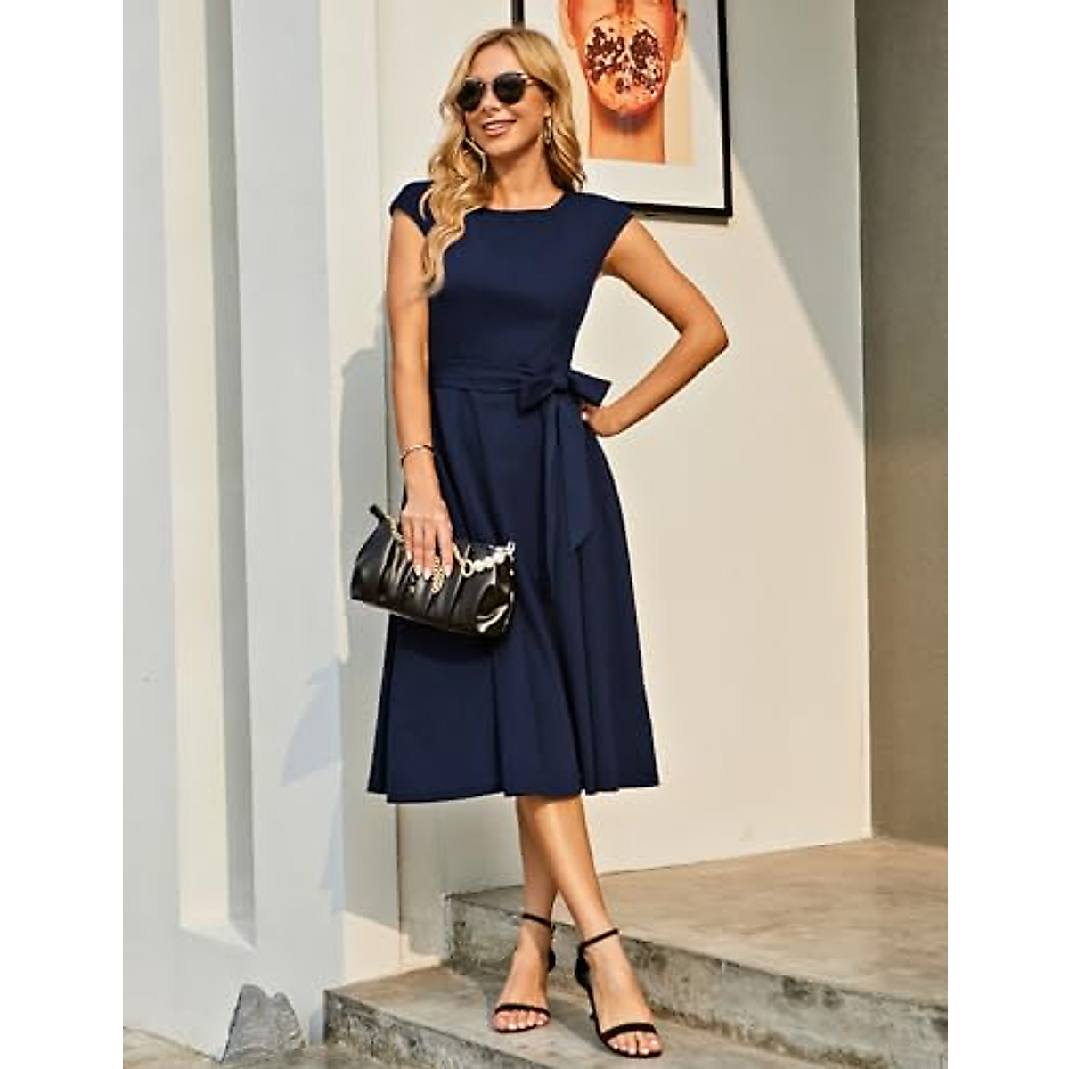 DRESSTELLS Women's Cocktail Dresses for Wedding Guest 2024, Formal Fit Flare Homecoming Prom Vintage Tea Party Hepburn Dress, Modest Funeral Midi Dress Navy M