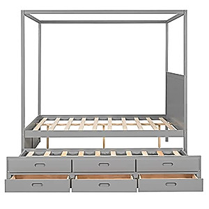 RORIGAT Queen Size Canopy Platform Bed with Twin Trundle and Three Storage Drawers, Wooden Daybed Frame Beds for Kids Teens Boys Girls,Gray