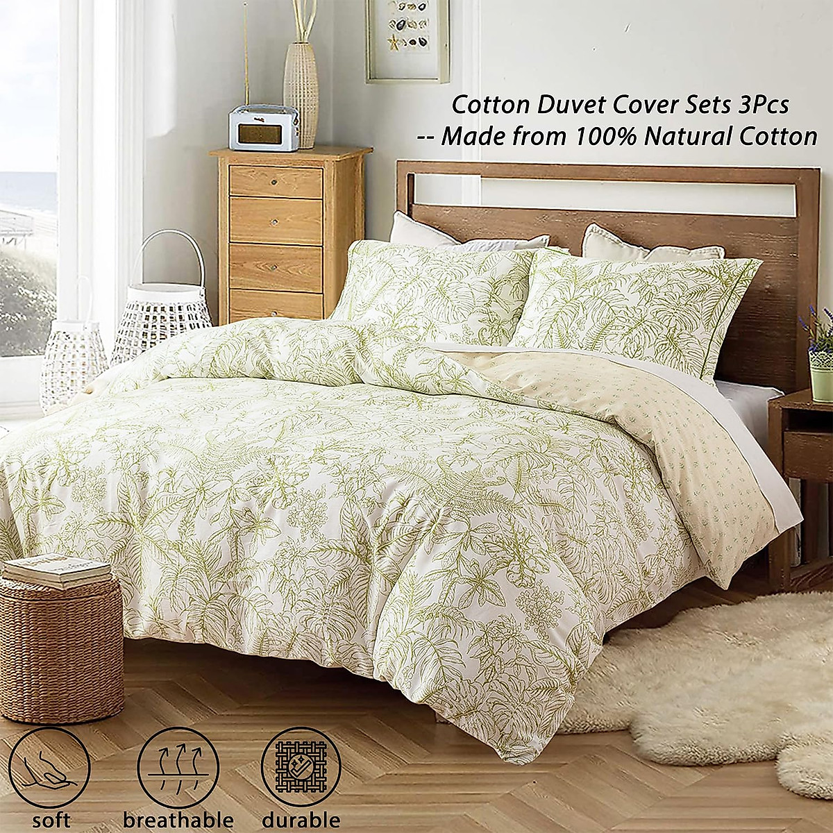 LEMIROE 100% Cotton Duvet Cover Queen Size,Botanical Design with Green Tropical Leaves on White,Beige Reversible Bed Sets 3Pcs,Button Closure