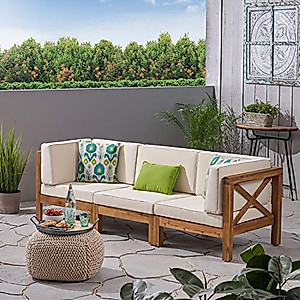 Great Deal Furniture Keith Outdoor Sectional Sofa Set | 3-Seater | Acacia Wood | Water-Resistant Cushions | Teak and Beige