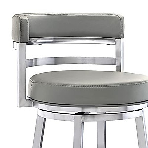 Armen Living Madrid 30" Bar Height Swivel Modern Grey Faux Leather and Brushed Stainless Steel Bar Stool for Kitchen Island Counter