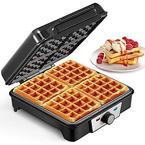 Reemix 4-Slice Belgian Waffle Maker, 3 Browning Levels with Nonstick Square Waffler Iron Plates, 1200 Watts, Compact Design for Easy Storage, Stainless Steel/Black, 120V