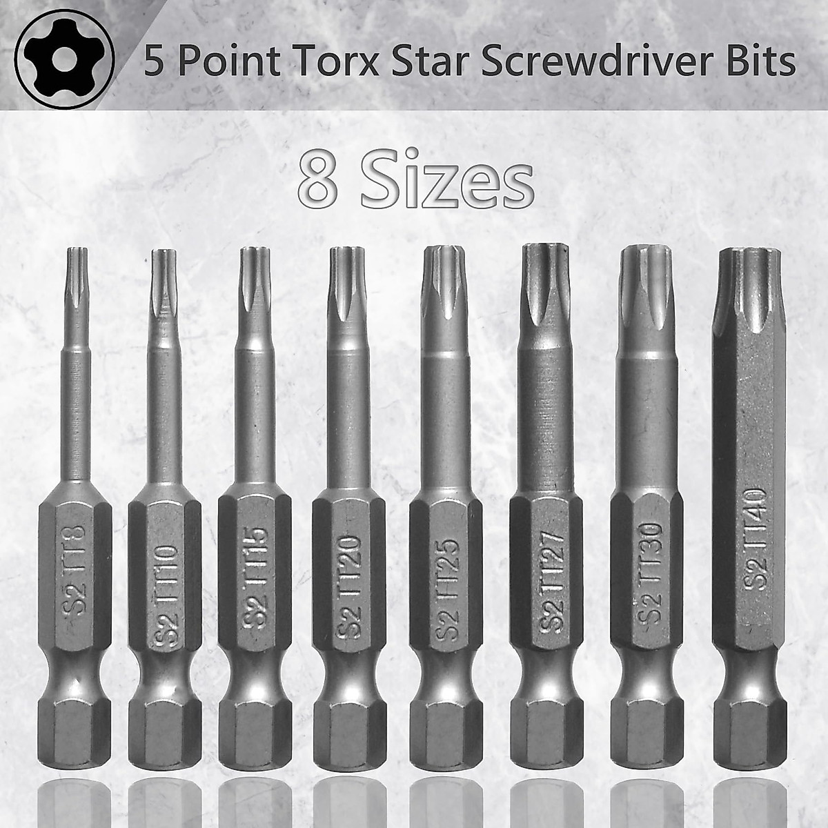 SKZIRI 8Pcs 5 Point Torx Star Security Screwdriver Bits Set Magnetic Tamper Proof T8-T40 1/4" Hex Shank