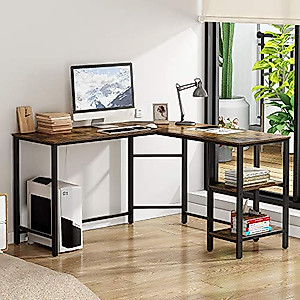 Wodeer L Shaped Computer Desk with Storage Shelves Corner Gaming Desk Writing Study Table Home Office Workstation Wood & Metal （Rustic Brown）