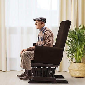 Costzon Glider and Ottoman Set, Wood Baby Rocker Nursery Furniture for Napping Reading Nursing, Cleanable Upholstered Comfort Rocking Nursery Chair with Detachable Cushion (Brown)