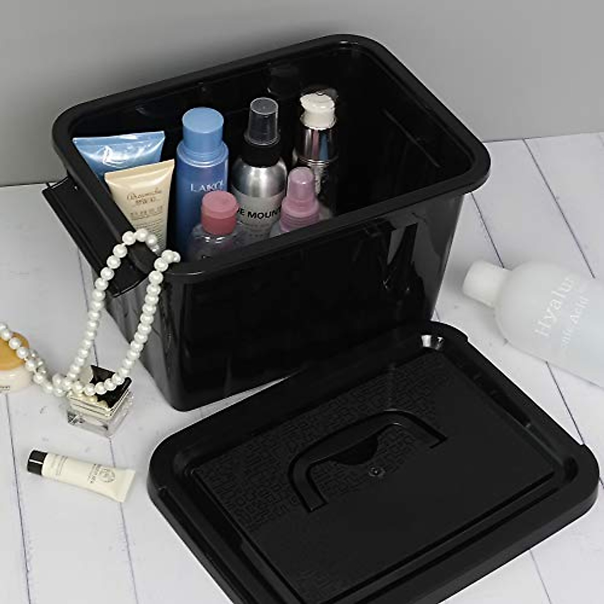 Qqbine 6 Quart Black Plastic Storage Latching Box Bin with Handles, 6 Packs