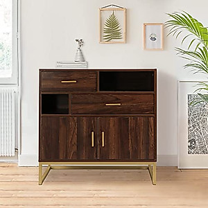 Anmytek Mid Century Wood 2 Doors Accent Storage Cabinet, Farmhouse Walnut Kitchen Buffet Sideboard with Drawers and Shelves Entryway Living Room H0038