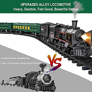 Electric Train Sets for Boys Girls Metal Alloy Christmas Trains Toys Steam Locomotive, Passenger Carriages, Tracks, Light & Sounds Rechargeable Birthday Gifts for Kids 3 4 5 6 7 8 + Years Old Green