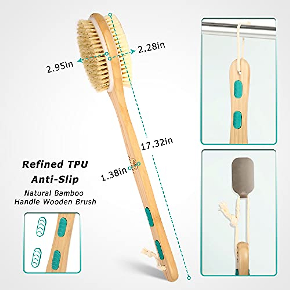Gunoze Shower Brush Set, Dual-Sided Long Handle Back Scrubber with Soft and Stiff Bristles, and 2 Pack Dry Brushing Body Brush for Wet or Dry Brushing, Shower Body Exfoliating for Radiant Skin