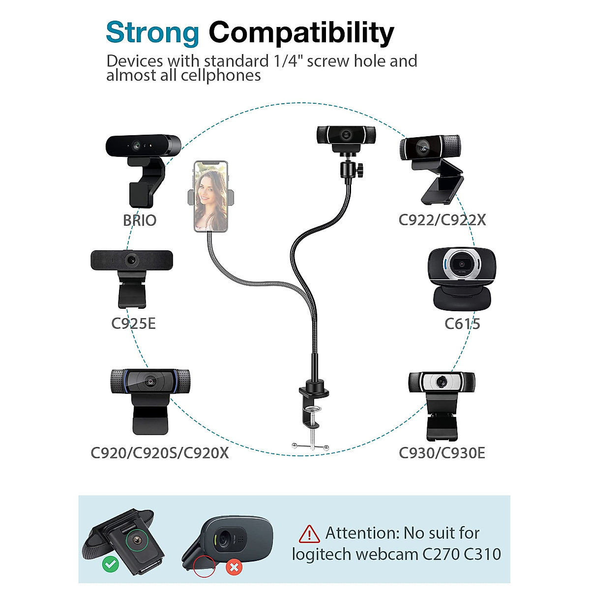 InnoGear 25 Inch Webcam Stand, Flexible Cell Phone Stand Desk Mount Camera Stand Gooseneck for Logitech Webcam BRIO 4K C960 C920 C920S C922 C922x C925e C930 C930e C615 NexiGo N60