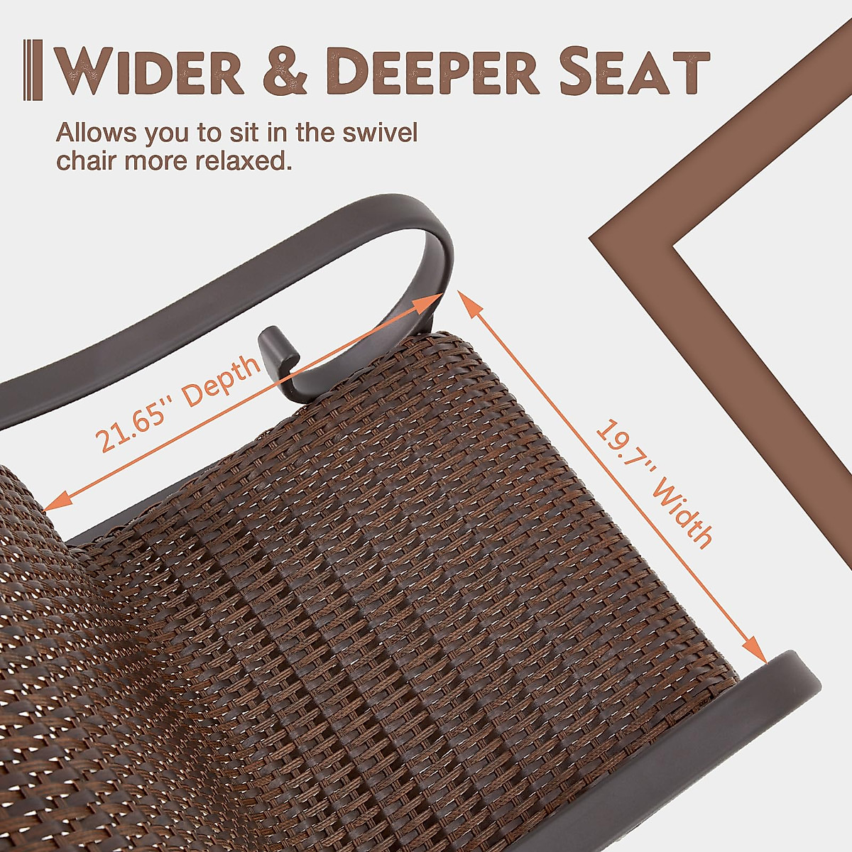 EROMMY Patio Swivel Chairs Set of 2, Heavy Duty Outdoor Dining Chair with 23.5'' High Back, Extra-Large Water-Fall Seat, Rattan Wicker Porch Chair Gentle Rocker for Outside Dark Brown