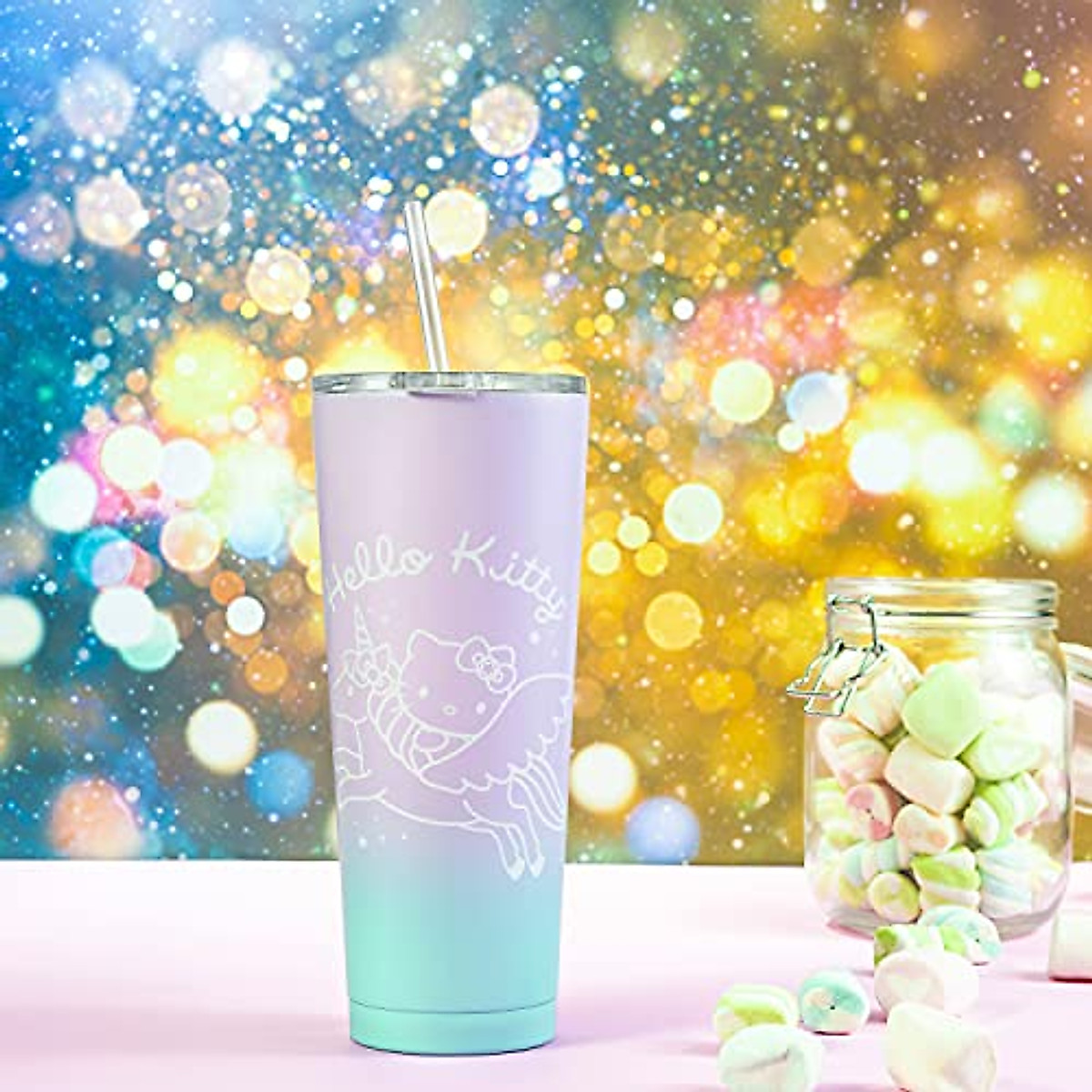 Zak Designs Sanrio Hello Kitty Vacuum Insulated Stainless Steel Travel Tumbler with Splash-Proof Lid, Includes Reusable Plastic Straw and Fits in Car Cup Holders (18/8 SS, 25 oz)