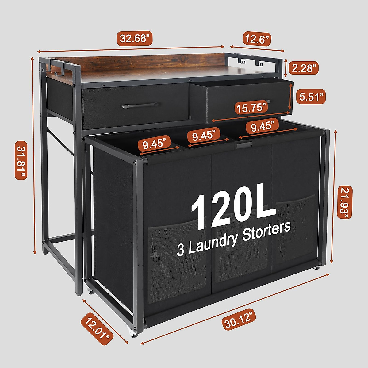 Laundry Sorter with wheels, Laundry Hamper 3 Section with shelf - 3 × 10.5 Gal (120L) Capacity, Laundry Basket with Drawers for Clothes-1 Storage Shelf, Laundry Organizer for Laundry Room, Bedroom