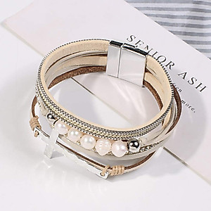 Vercret Leather Wrap Bracelet for Women - Multi-Layer Bracelets with Pearl Cross Beige Magnetic Clasp Bangle Cuff Stacked Bracelet for lady and Mother