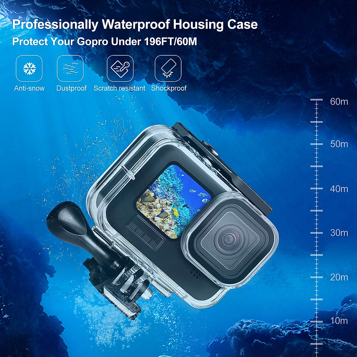 60M Waterproof Case, 196FT Underwater Protective Housing Case for Hero11 Hero10 Hero9 Black, with Quick Release Mount and Thumbscrew