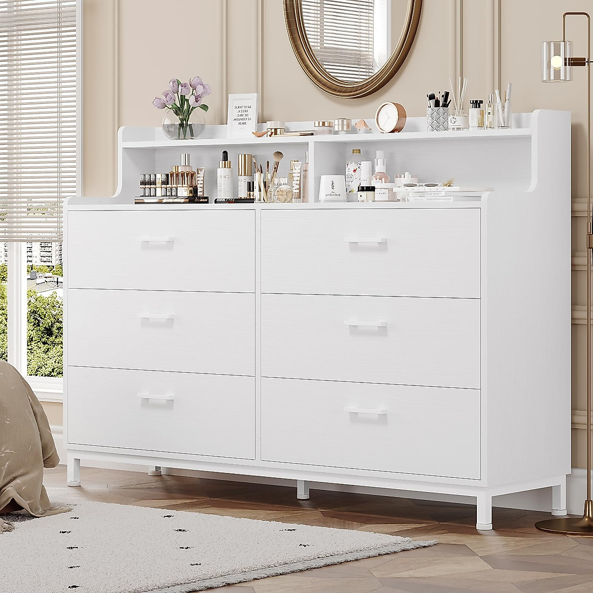 DICTAC White Dresser for Bedroom, 6 Drawers Double Dresser with Shelves, Wood Chest of Drawers, Large Capacity Storage Organizer Dresser for Bedroom, Living Room, Hallway