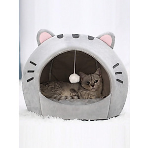 QWINEE Indoor Cat Bed Cave with Removable Cushion - Pet Plush Tent House Cartoon Ear Design Pet Bed with Pompom for Cats Kitten Dogs Puppy and Rabbit Multicolor L